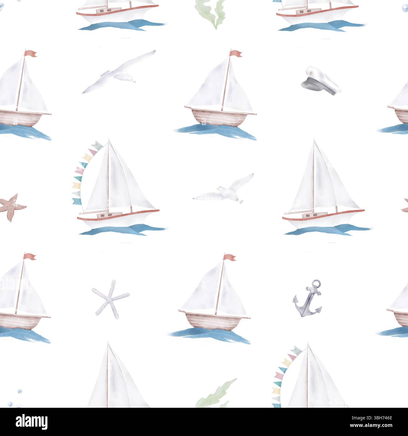 A boat with white sails, seagulls above the wave. Seamless pattern ...