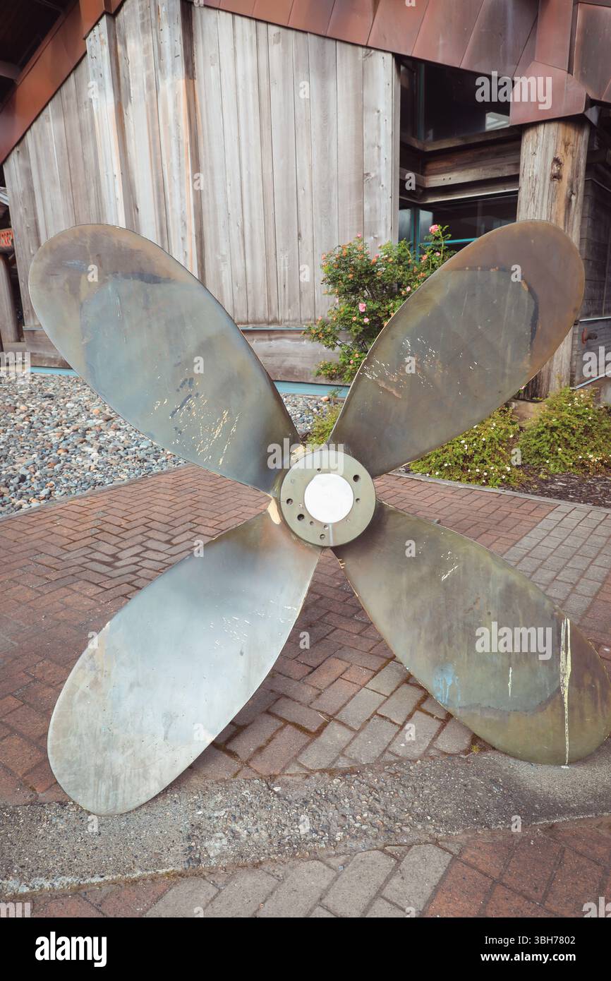 Close up detail of the propeller of a ship out in shipyard for ...