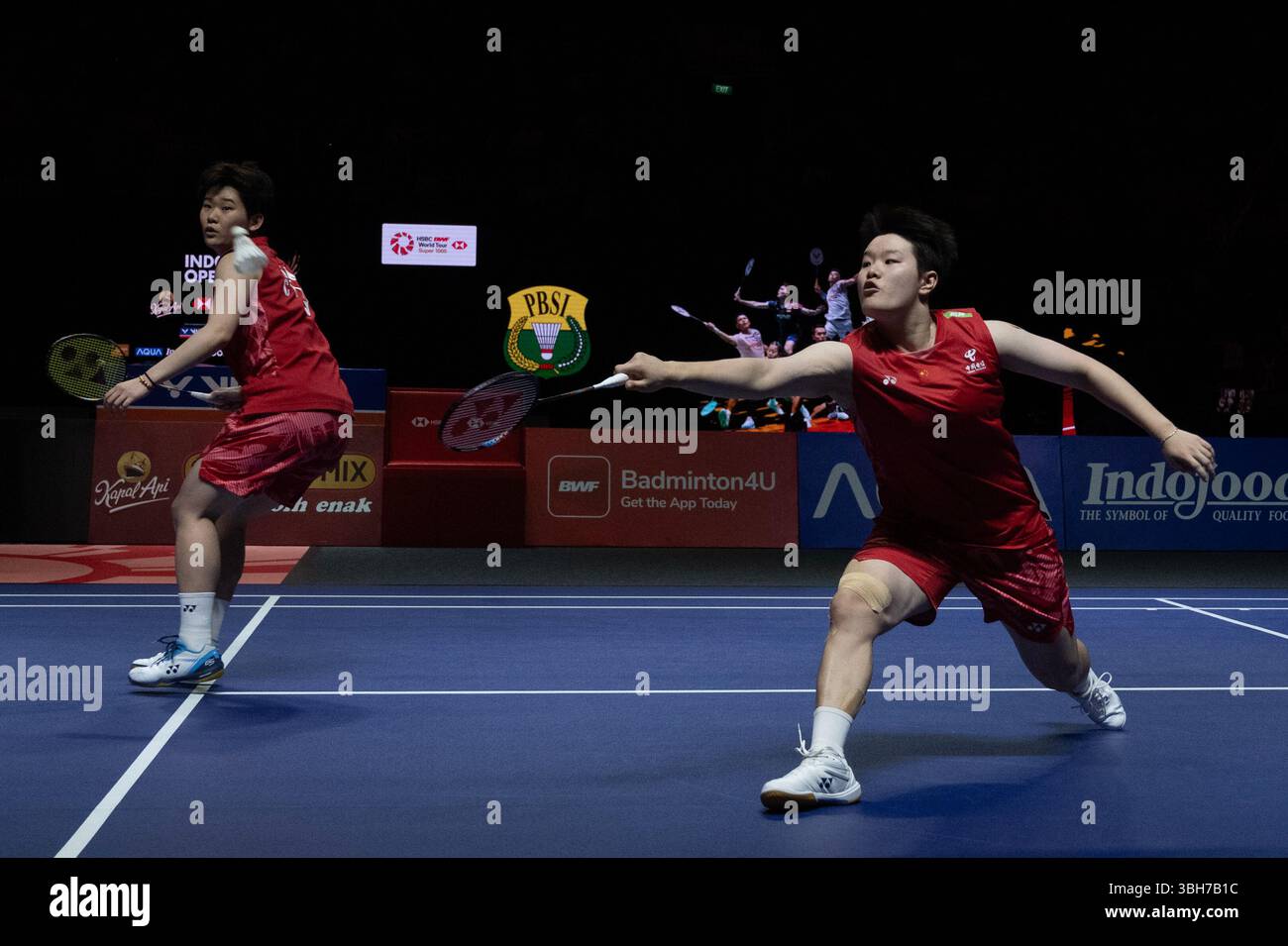 Jakarta, Indonesia. 8th June, 2025. Liu Shengshu (R)/Tan Ning compete during the women's doubles ...