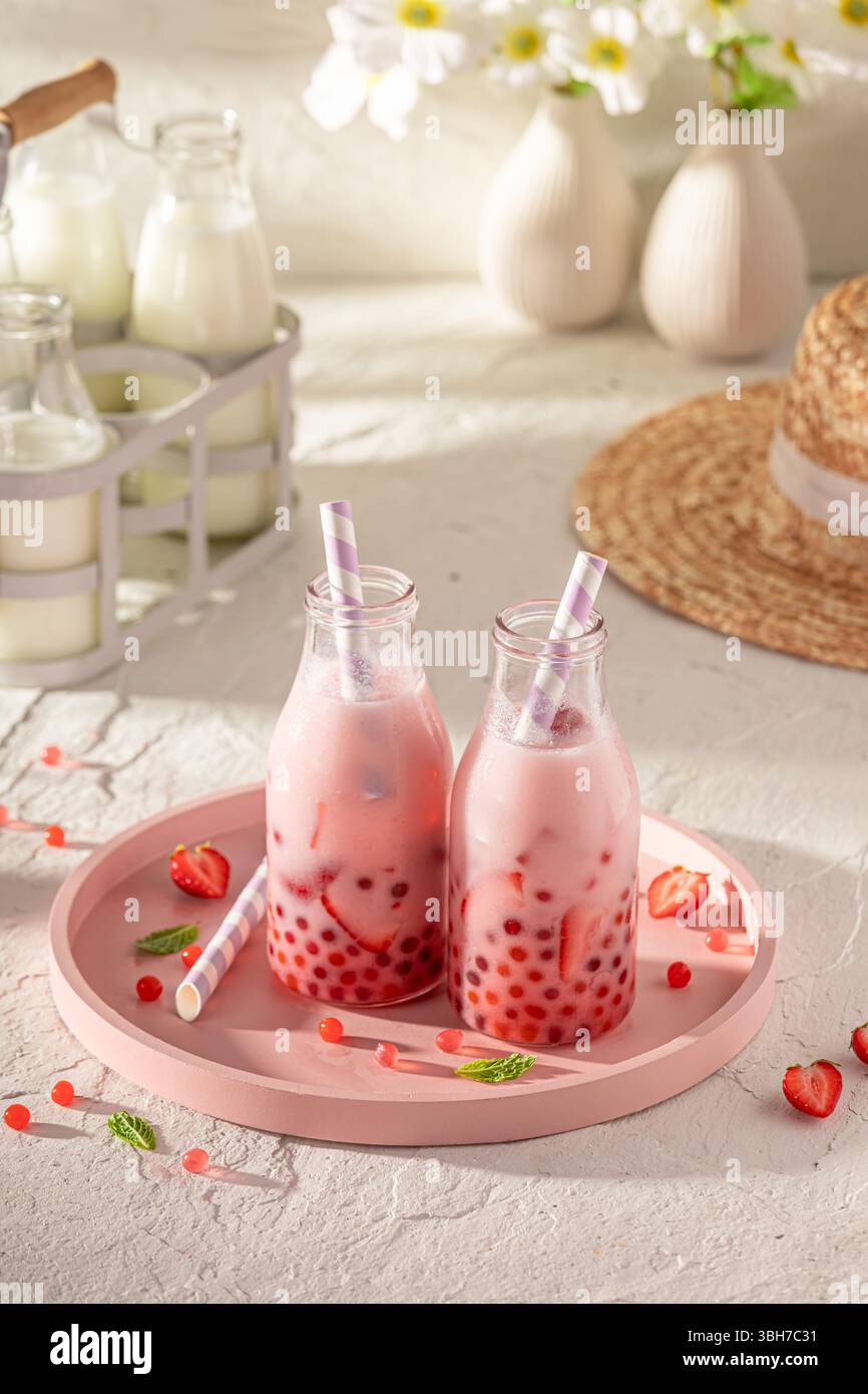Fresh strawberry bubble tea made of milk, berries and pearls. Bubble ...