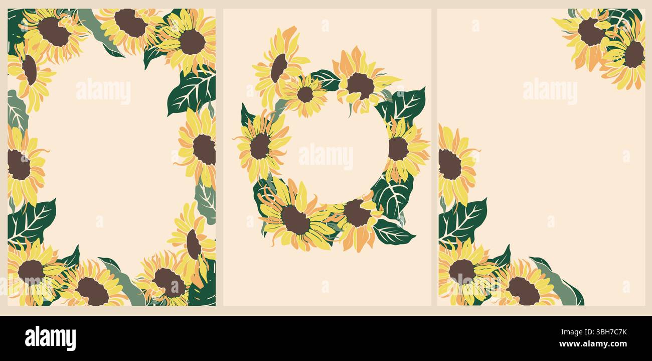 Botanical frames and corner designs with sunflower Stock Vector Image ...