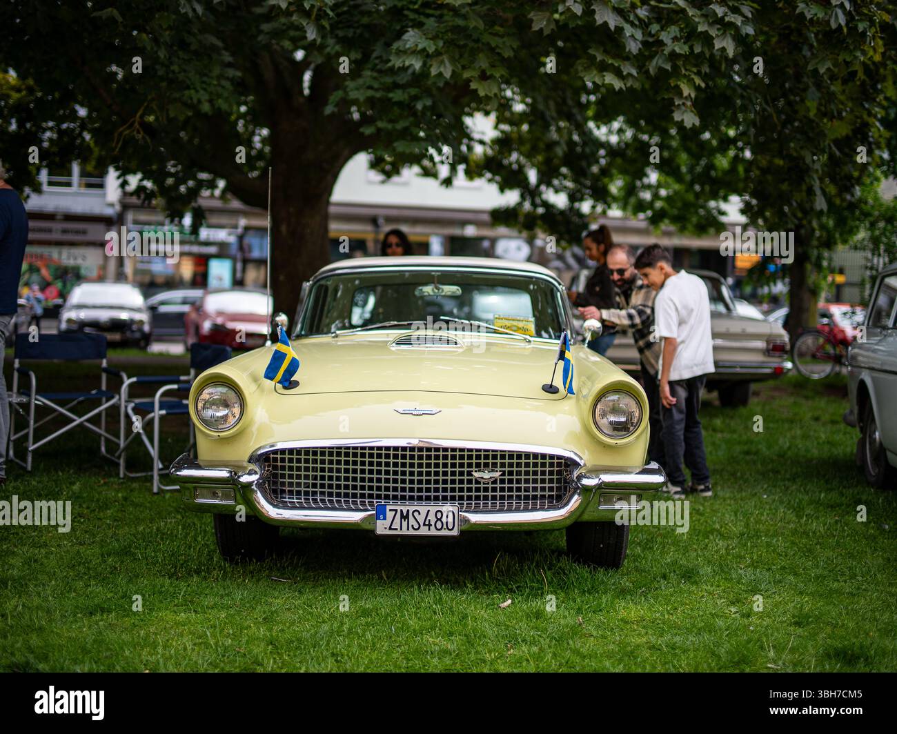 Swedish National day celebration in the Olai Park, Sweden. Vintage cars ...
