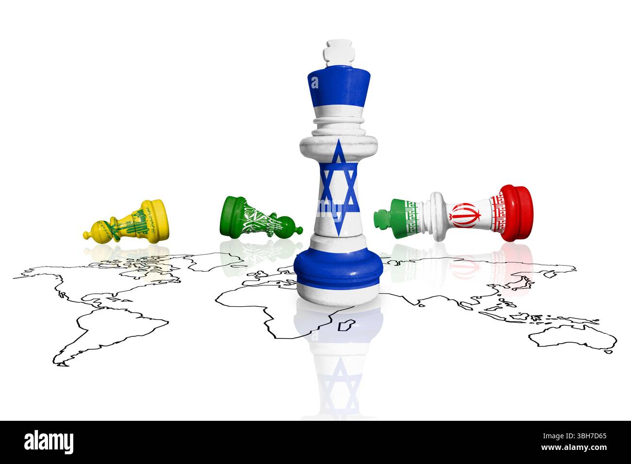 Chess made from Israel, Iran, Hezbollah and Hamas flags on a world map ...