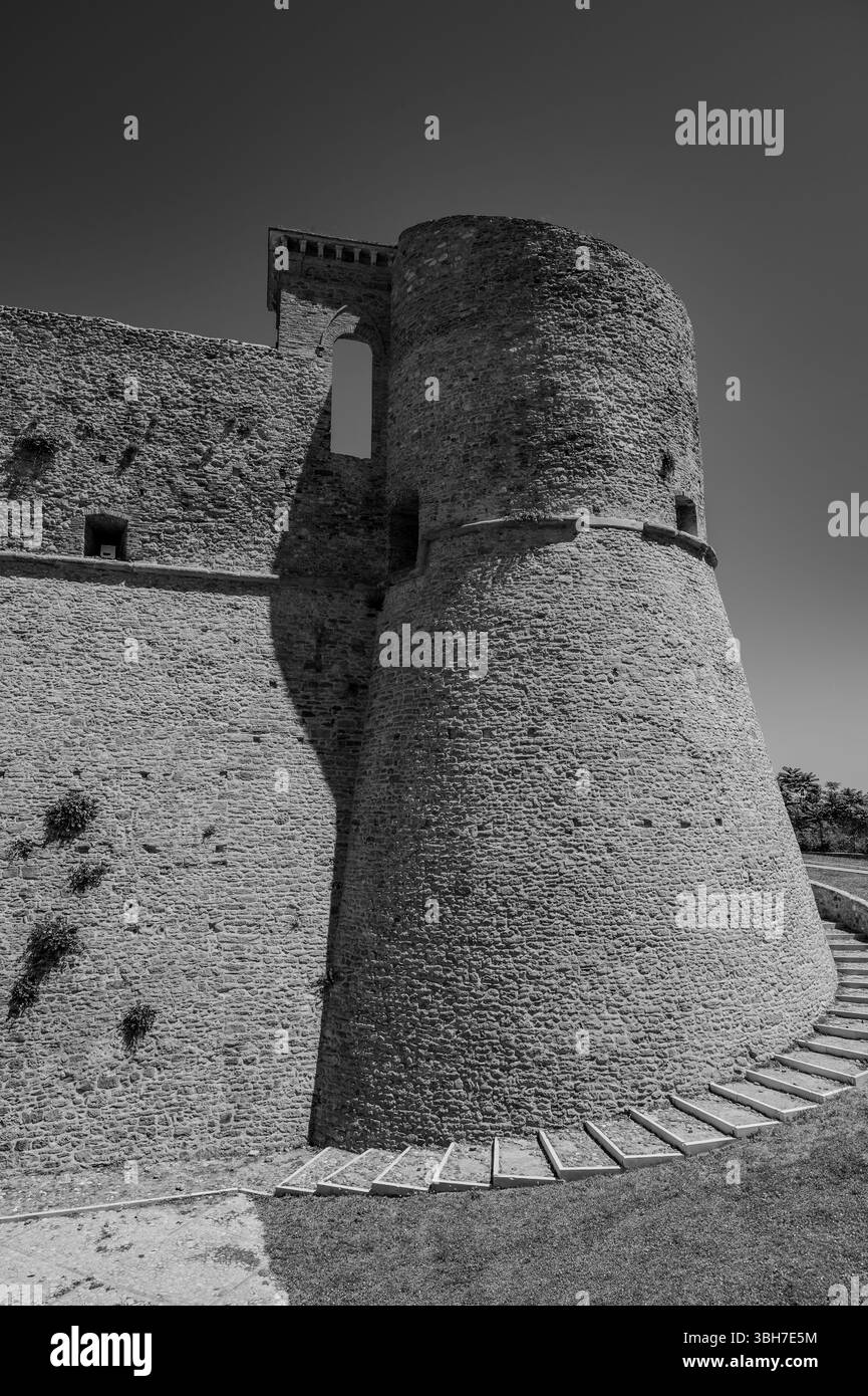 View of castle fortification wall with green grass and garden Black and ...