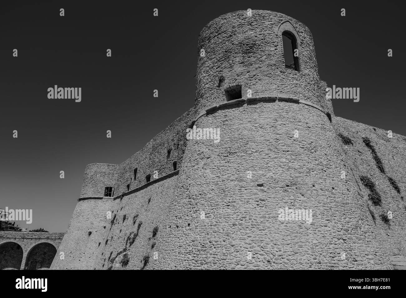 View of castle fortification wall with green grass and garden Black and ...
