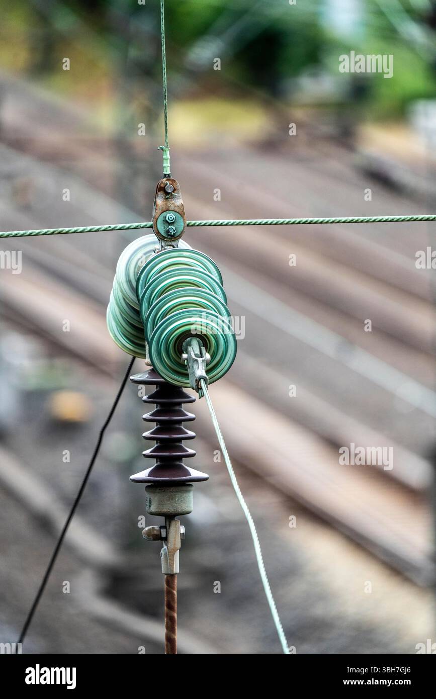 Railway power supply, overhead line, detail, tensioning of live wires, insulators, power supply ...