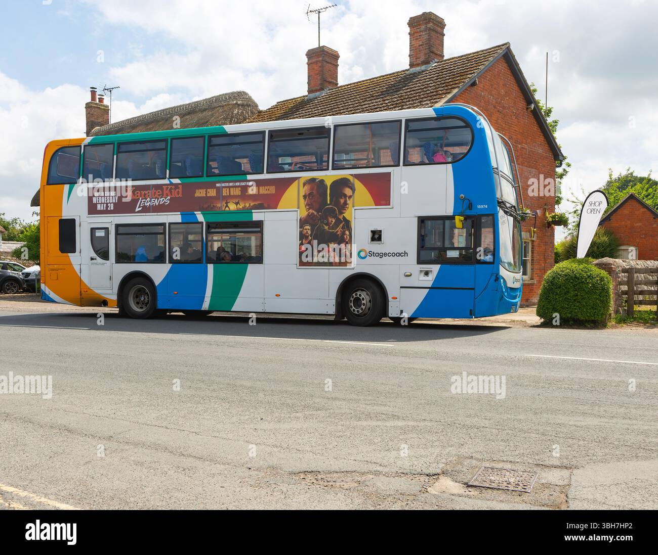 Stagecoach double decker Scania Enviro400 bus at bus stop, village of ...
