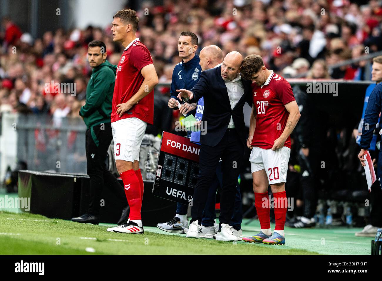 Copenhagen, Denmark. 07th June, 2025. Head coach Brian Riemer of Denmark seen with Mathias ...