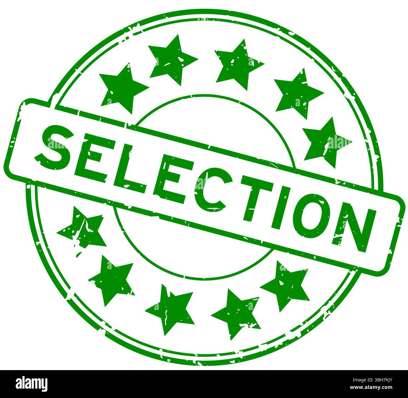 Grunge green selection word with star icon round rubber seal stamp on ...