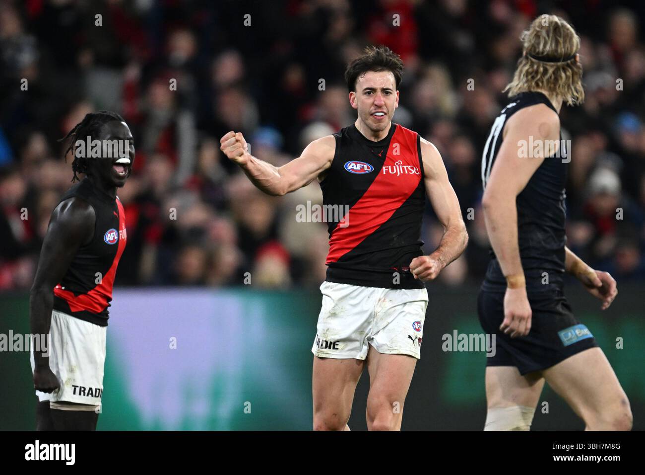 Nic Martin of the Bombers celebrates scoring a goal during the AFL ...