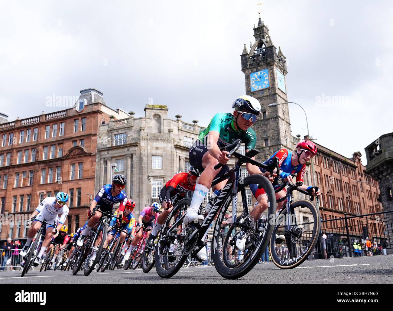 Cat Ferguson of Movistar Team passes the Tolbooth Steeple during stage ...