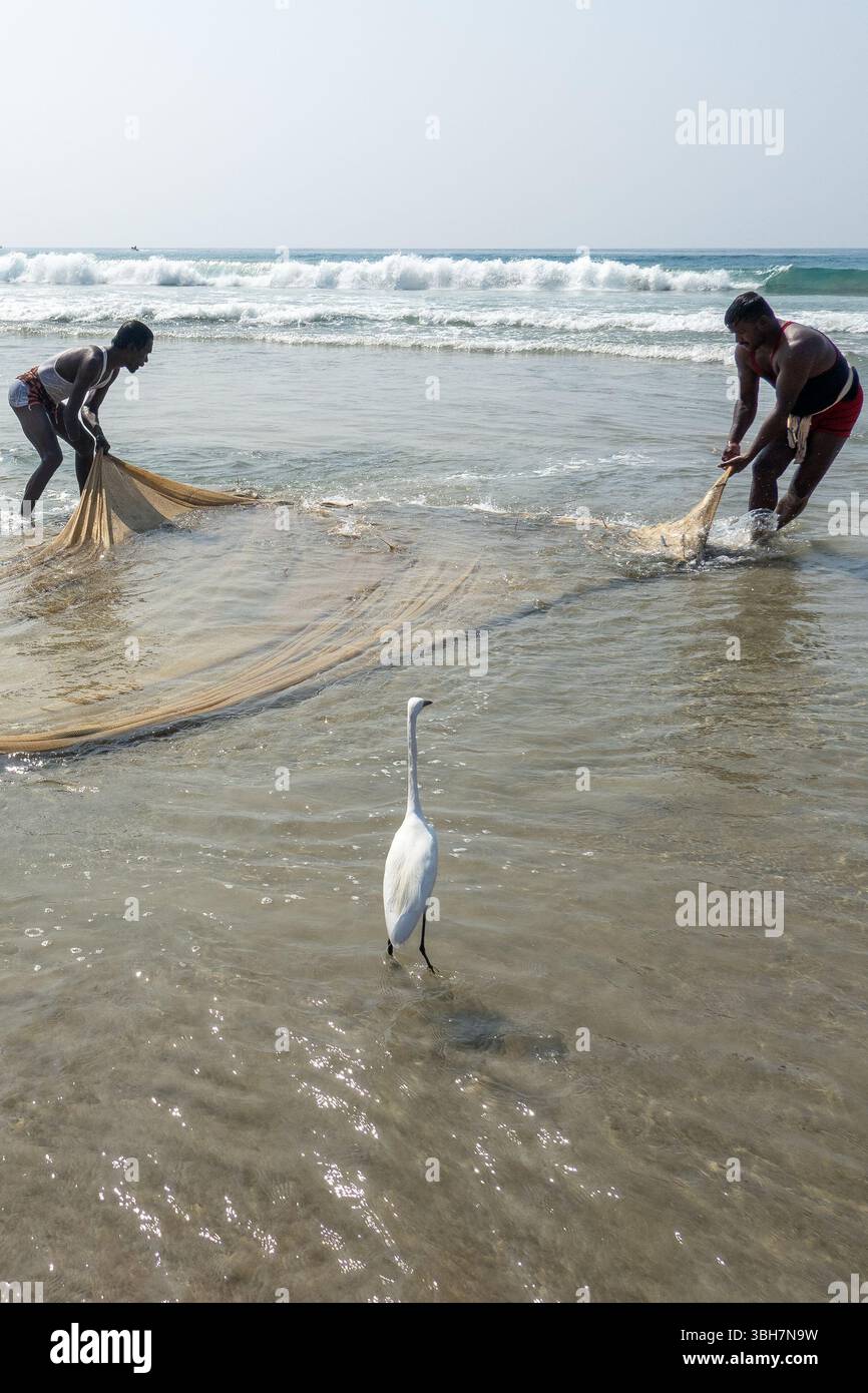 Two fishermen pulling a traditional net from the sea while a white ...