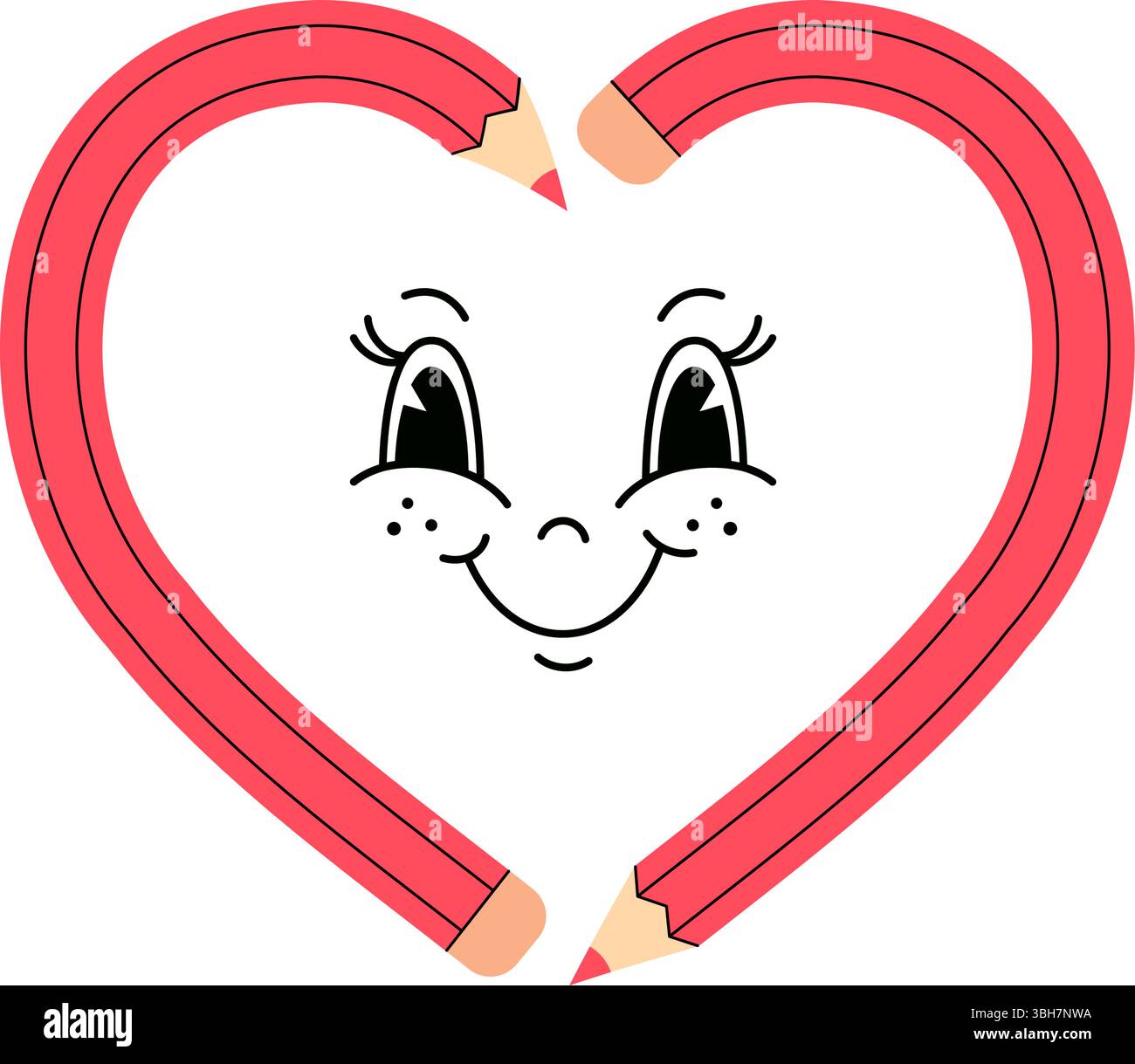 Red pencils forming a heart shape with a smiling cartoon face Stock ...
