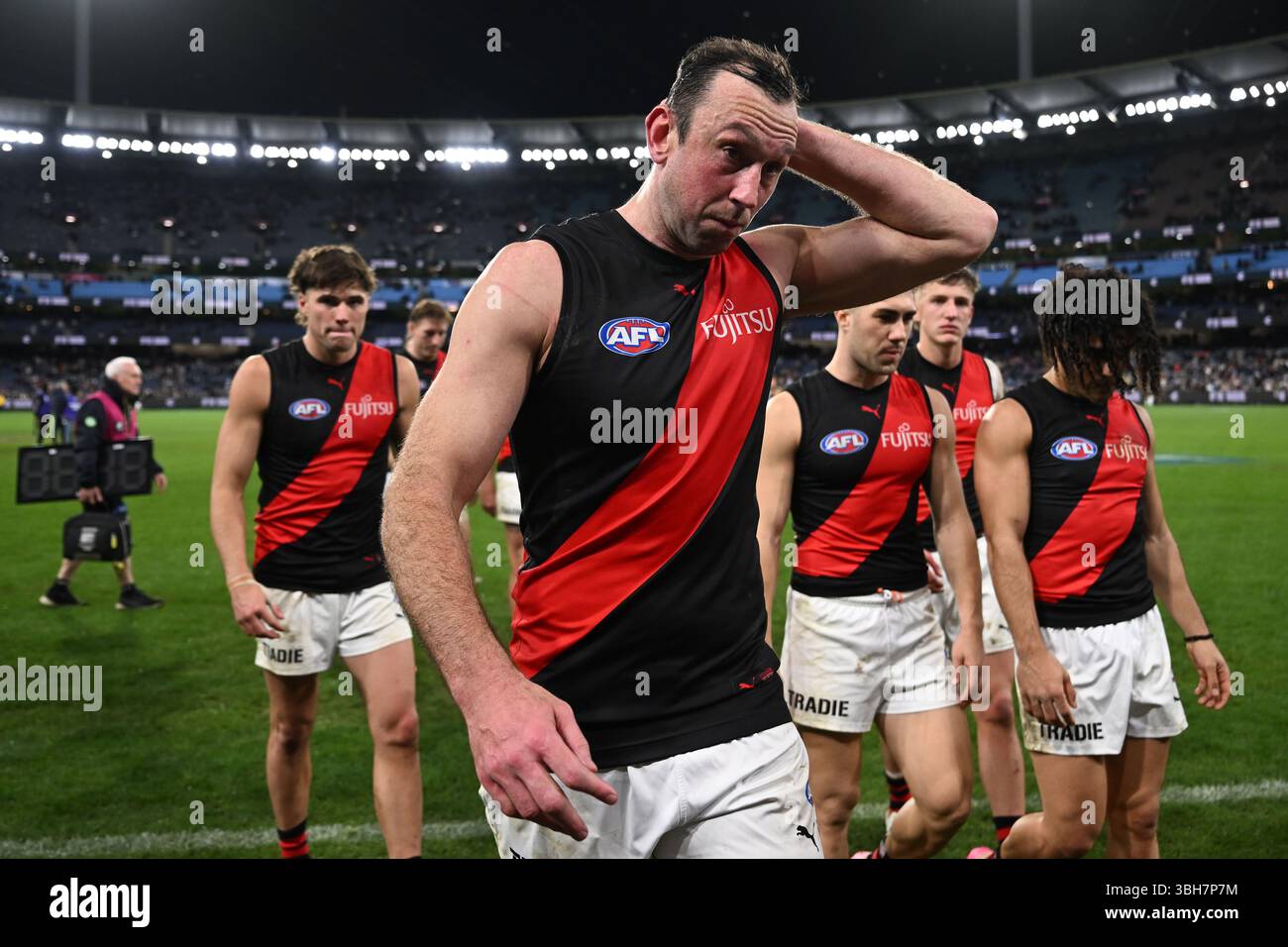Todd Goldstein of the Bombers leaves the field following the AFL Round ...