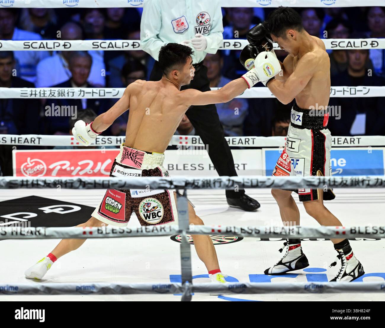 Junto Nakatani (L) of Japan throws punches against Ryosuke Nishida of Japan in the second round ...