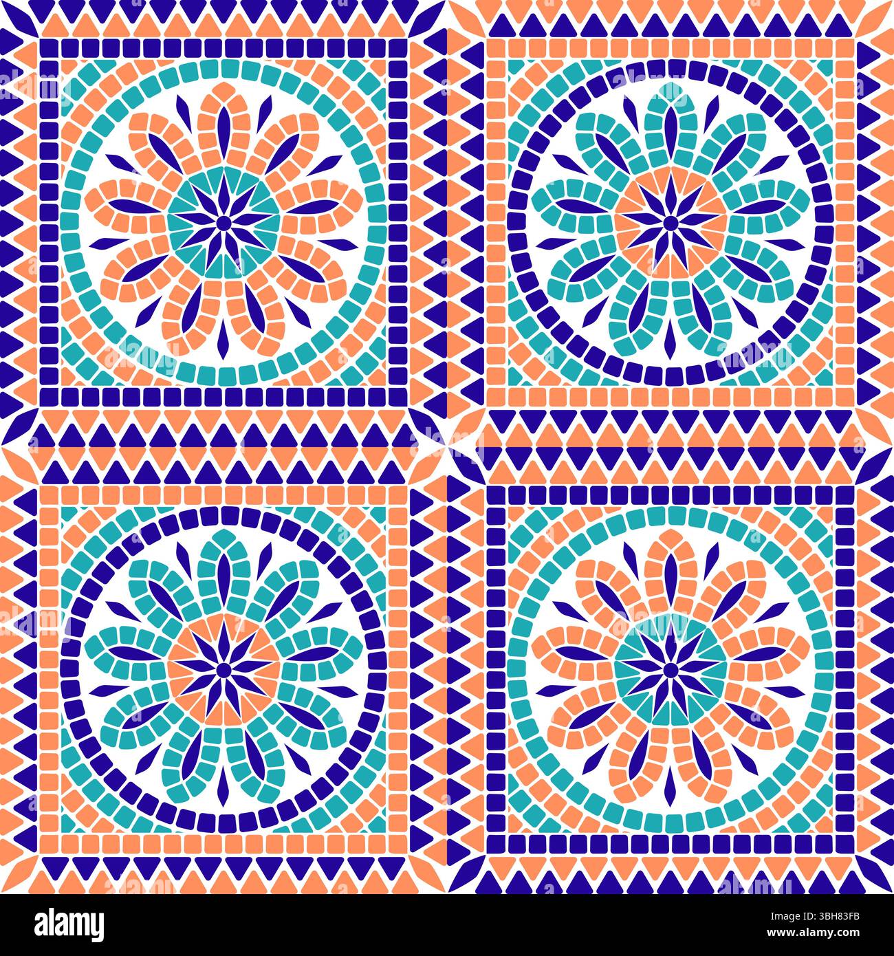 Seamless pattern of square mosaic tiles with mosaic flower surrounded ...