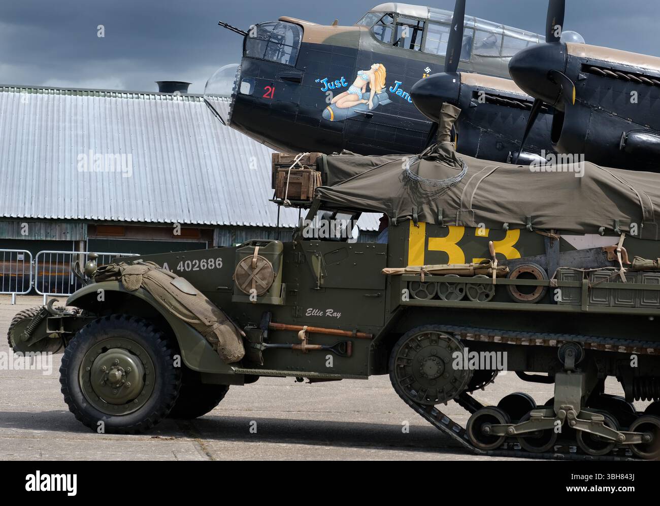 American WW2 half track and Lancaster Bomber at east kirkby Stock Photo ...