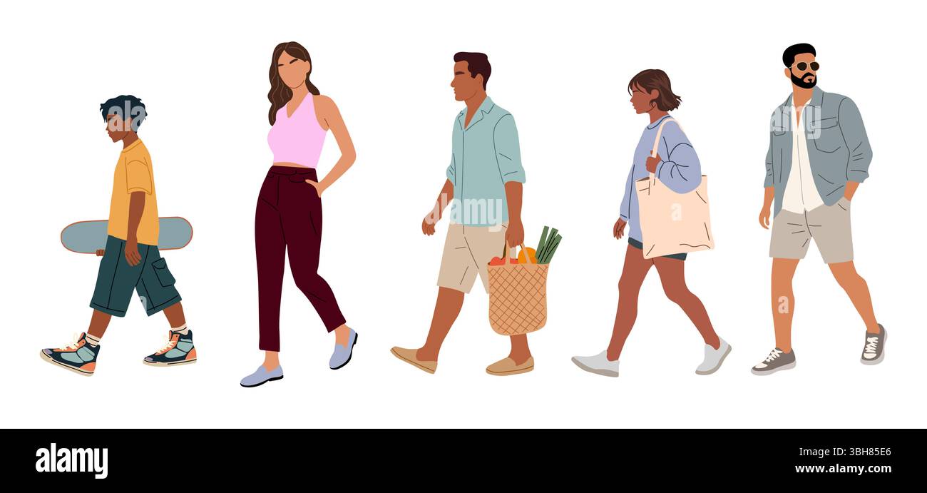 Diverse casual people walking side view isolated Stock Vector Image ...