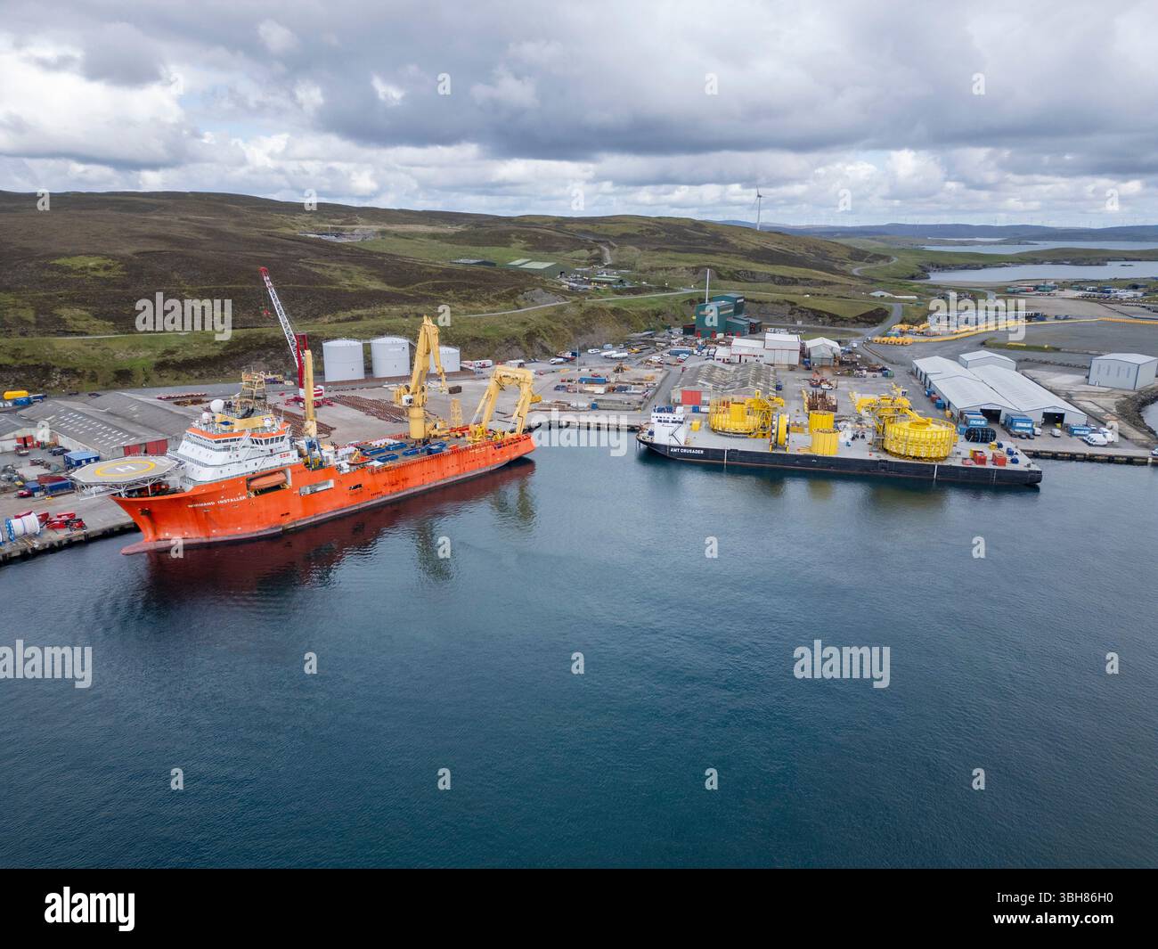 Peterson’s base in Lerwick with offshore supply vessels and Rosebank oil field components ready ...