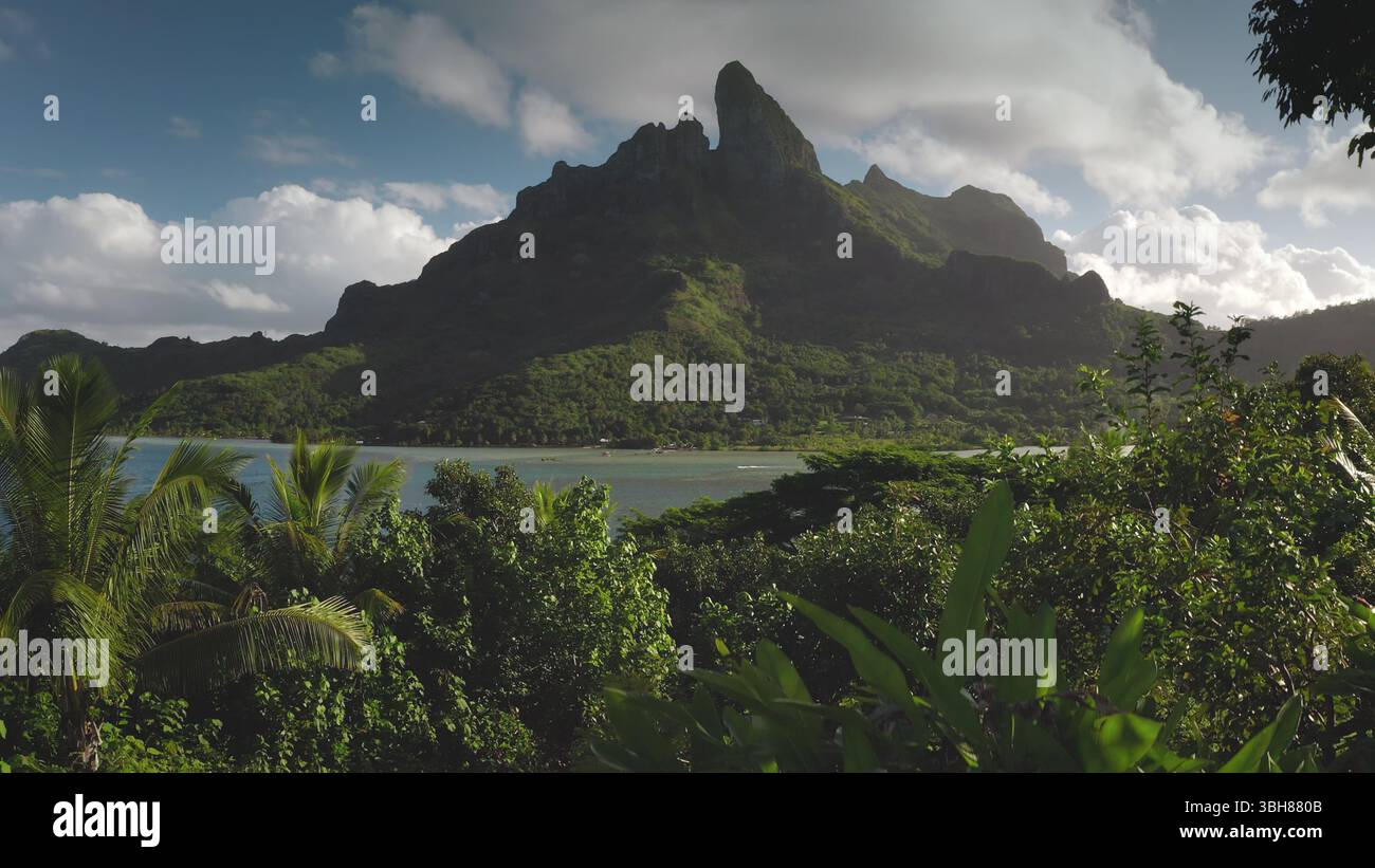 Aerial view of the iconic mount Otemanu dominating the landscape of ...