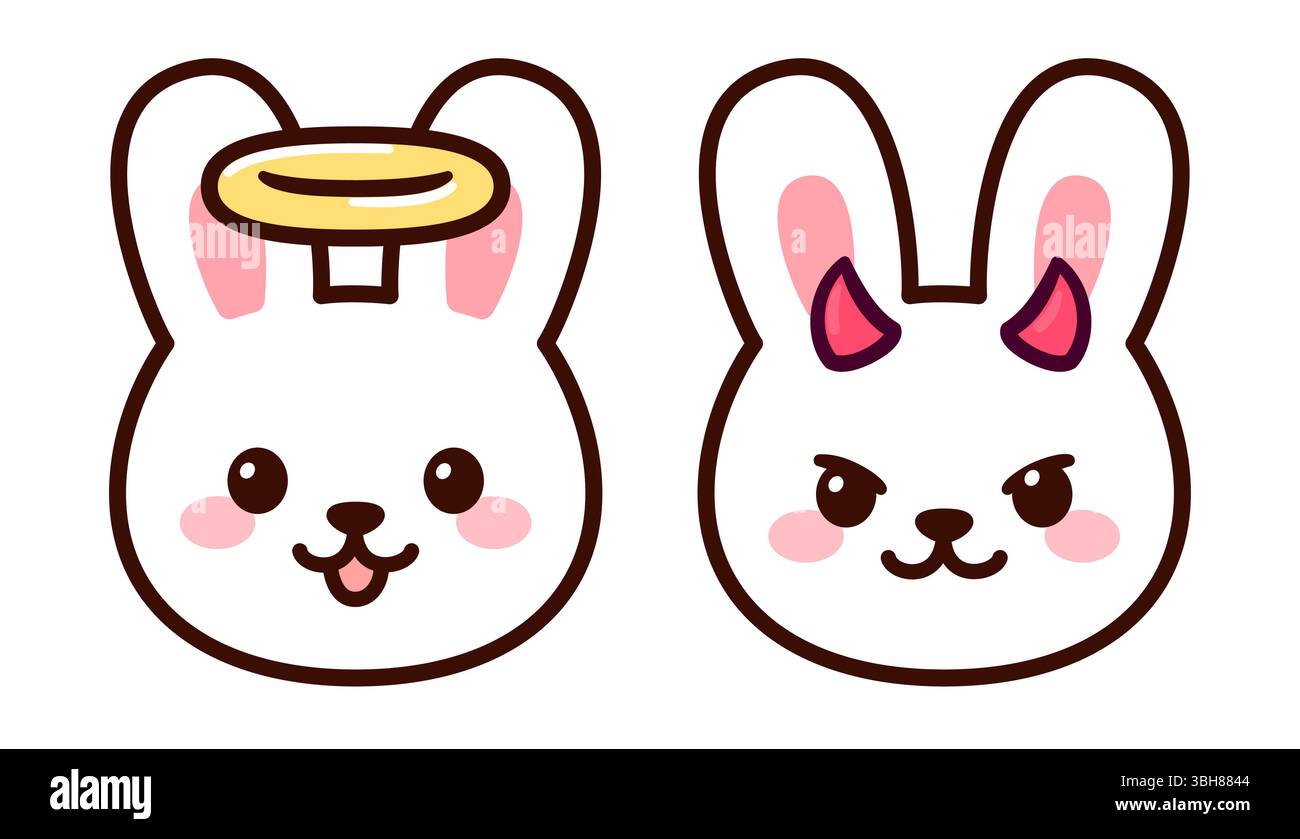 Angel with halo and devil with horns bunny face, cute cartoon drawing ...