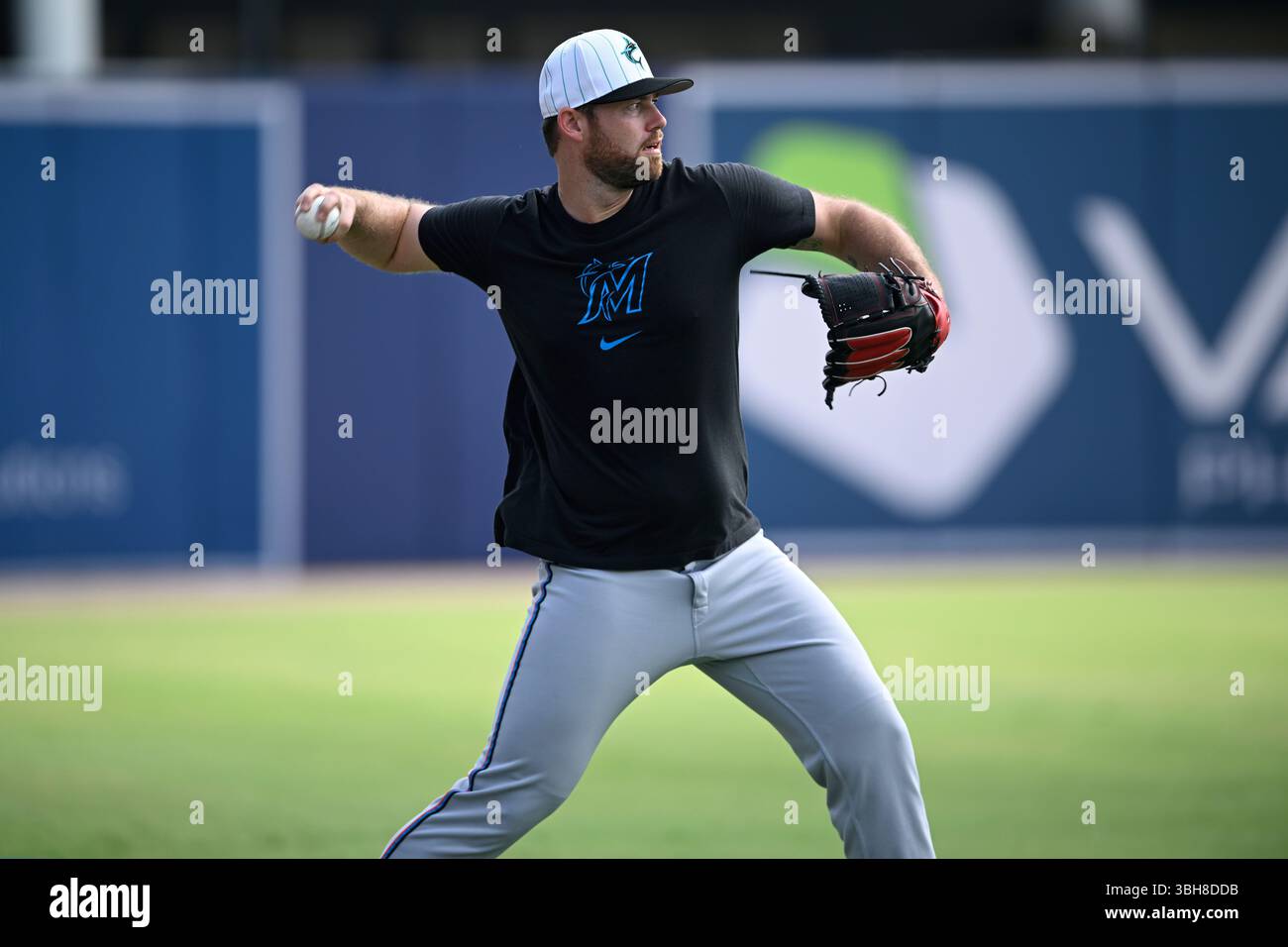 Miami Marlins pitcher Anthony Bender warms up before a baseball game ...