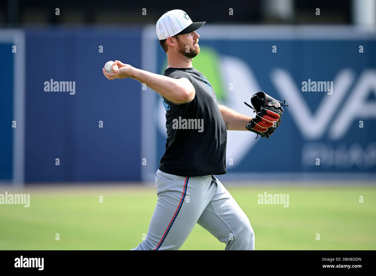 Miami Marlins pitcher Anthony Bender warms up before a baseball game ...