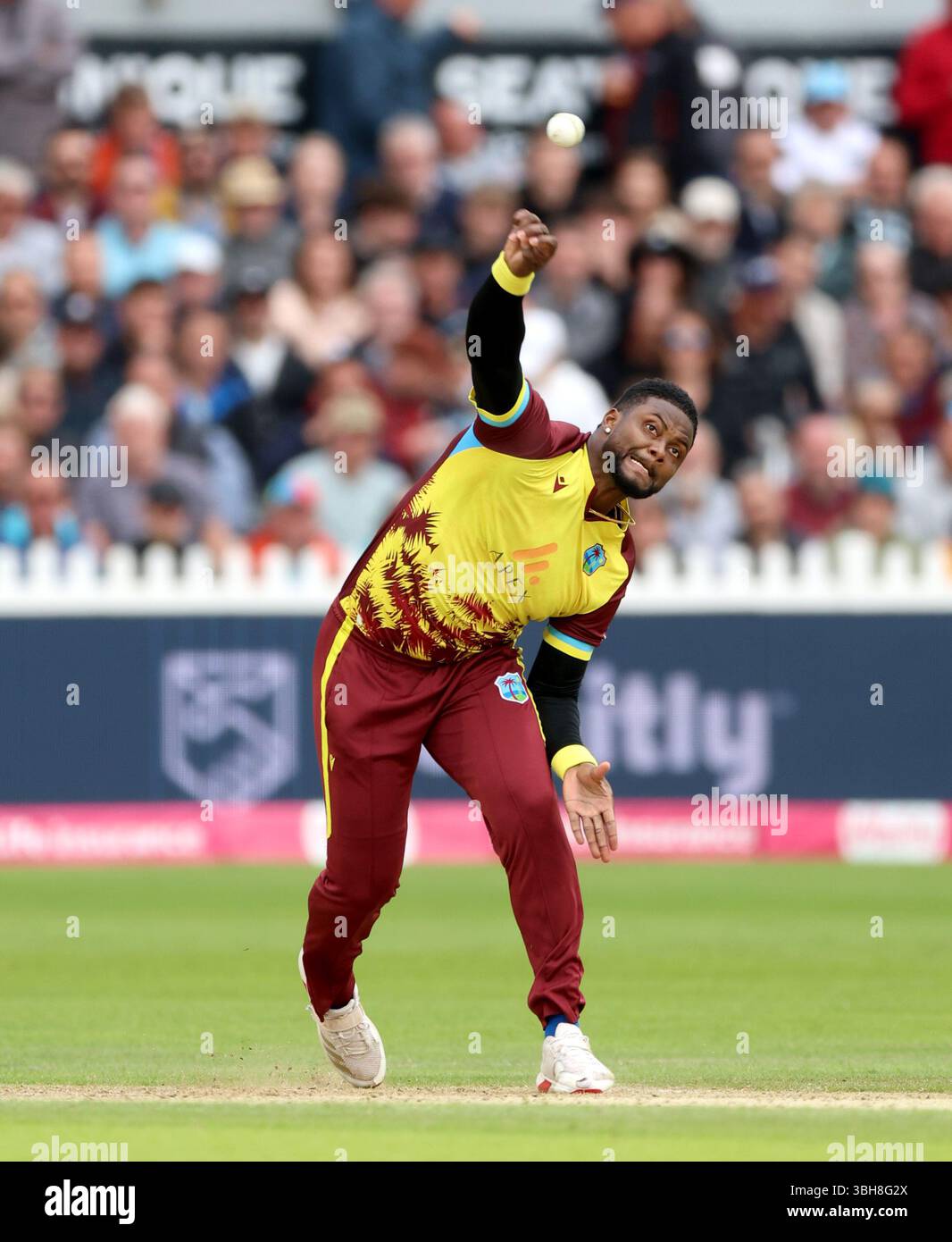 West Indies' Romario Shepherd bowling during the second Men's ...