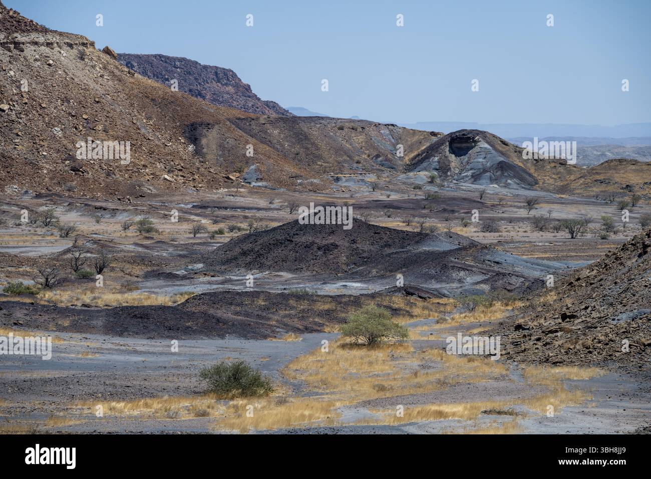 Dry landscape with yellow grass and black volcanic hills, Burnt ...