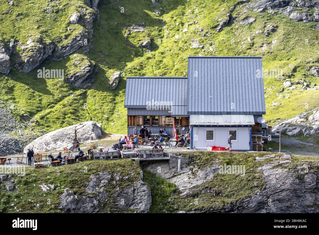 Cabane de Prafleuri mountain hut in mountain landscape, Valais, Western ...