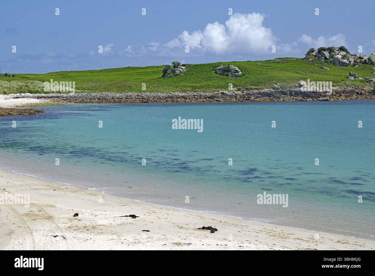 Pristine sandy beach with clear turquoise water and green hill in the ...