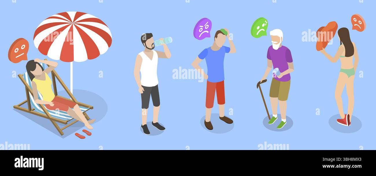 3D Isometric Flat Illustration of Extreme Hot Weather, Individuals ...