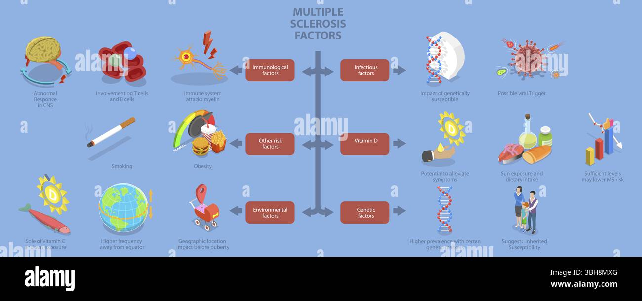 3D Isometric Flat Illustration of Multiple Sclerosis Factors, Visual ...