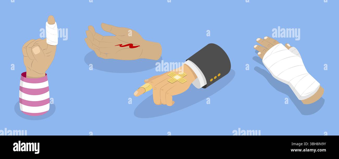 3D Isometric Flat Set of Hand Injury Treatment, Limb Bandaging ...