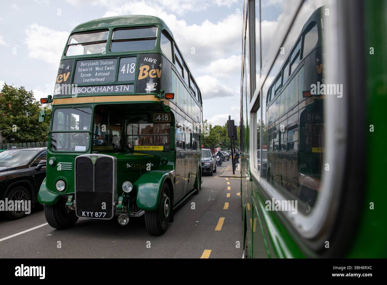 Epsom, Surrey, UK. 8th June, 2025. A classic green London bus drives ...