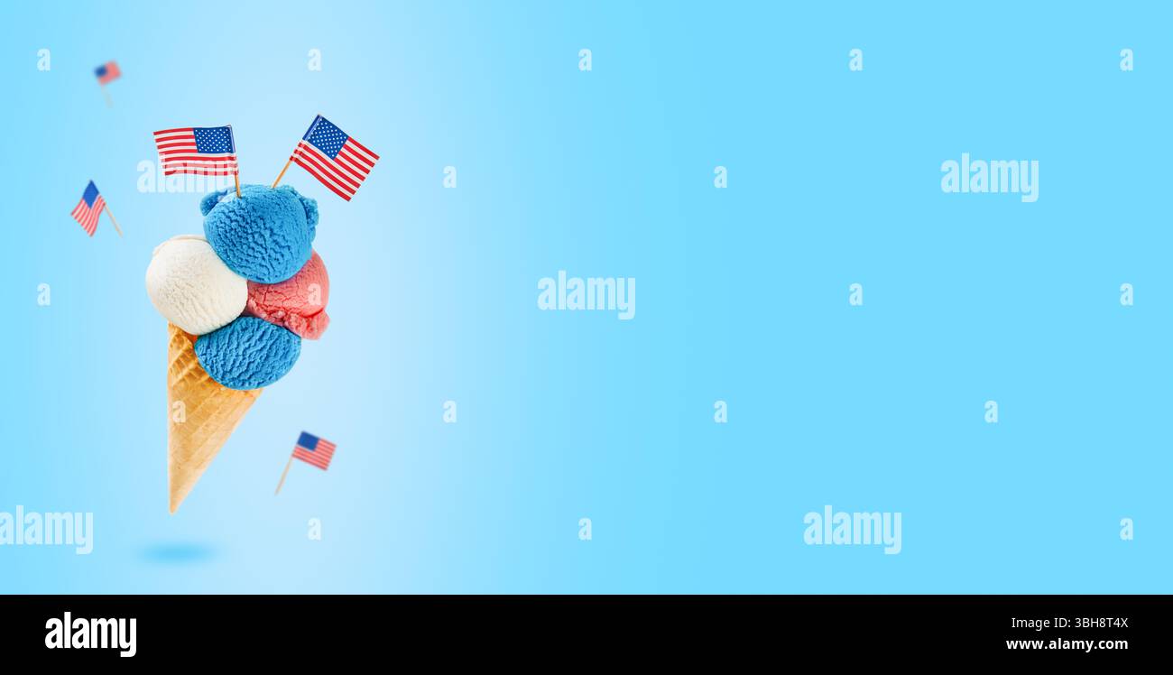 4th of July Holiday background. Colorful ice cream cone with red, white ...