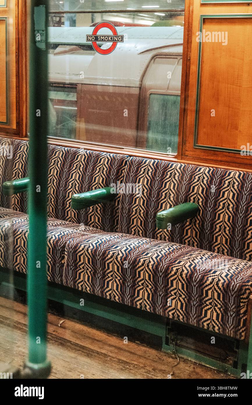 Interior of 1930s Q Stock London Underground train car which ran in the ...