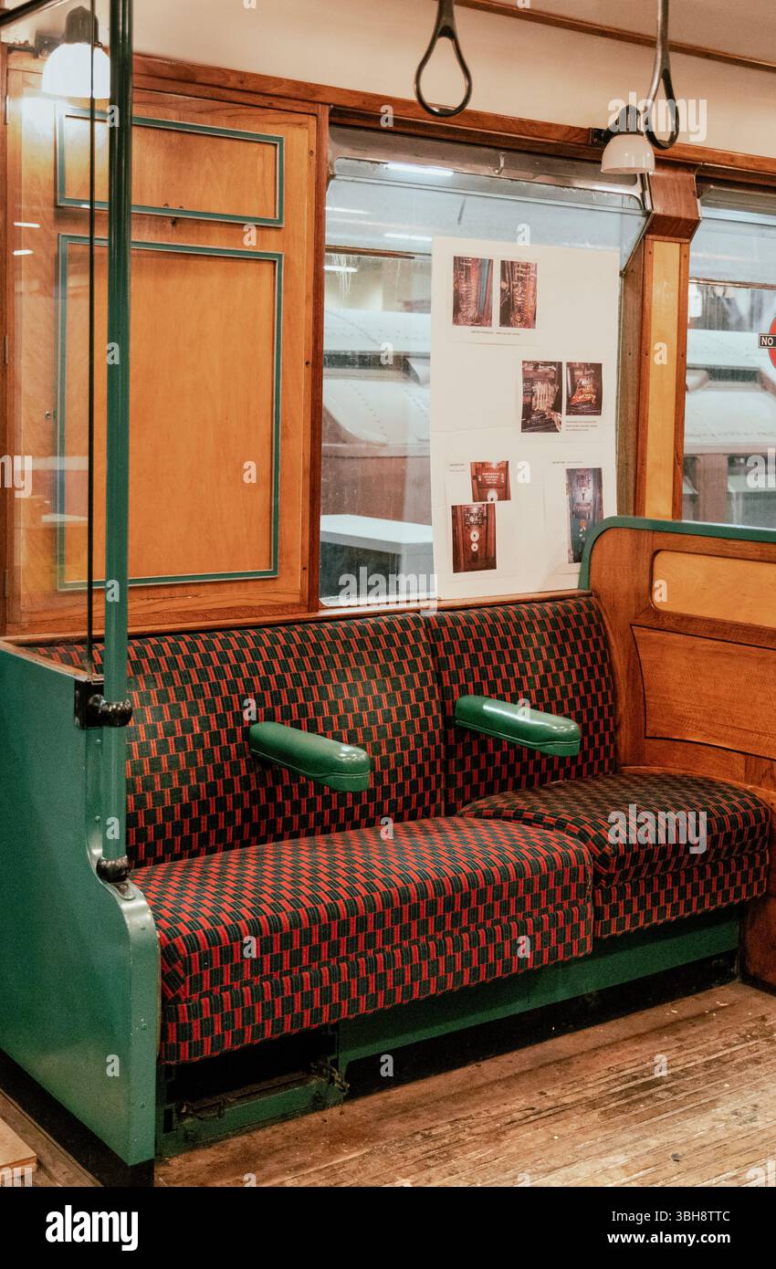 Interior of 1930s Q Stock London Underground train car which ran in the ...