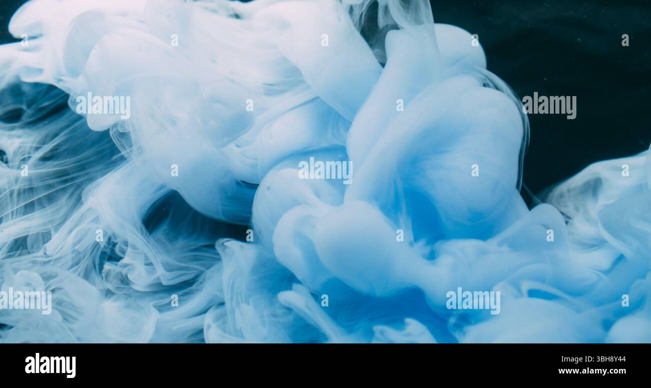 Haze wave. Ink steam. White blue liquid swirl spreading on black ...