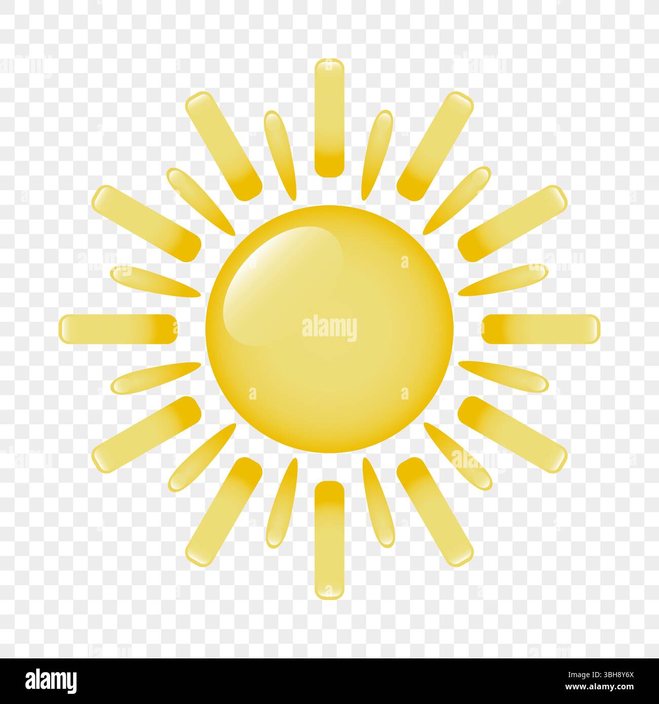 An icon of the sun with rays on a transparent background. A three ...