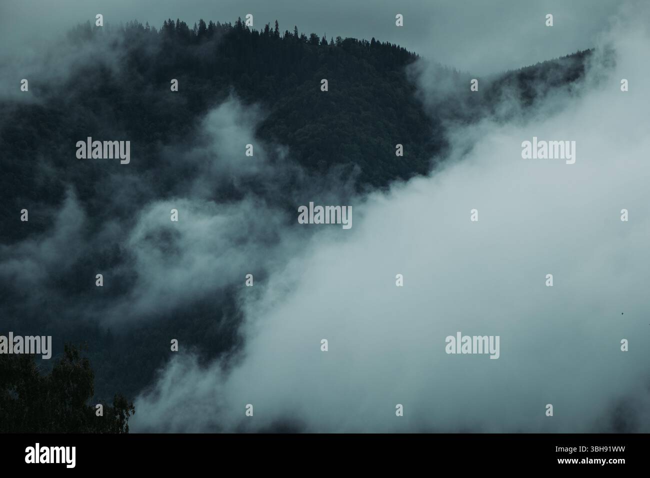 Atmospheric landscape with fog-covered hills and clouds after rain ...