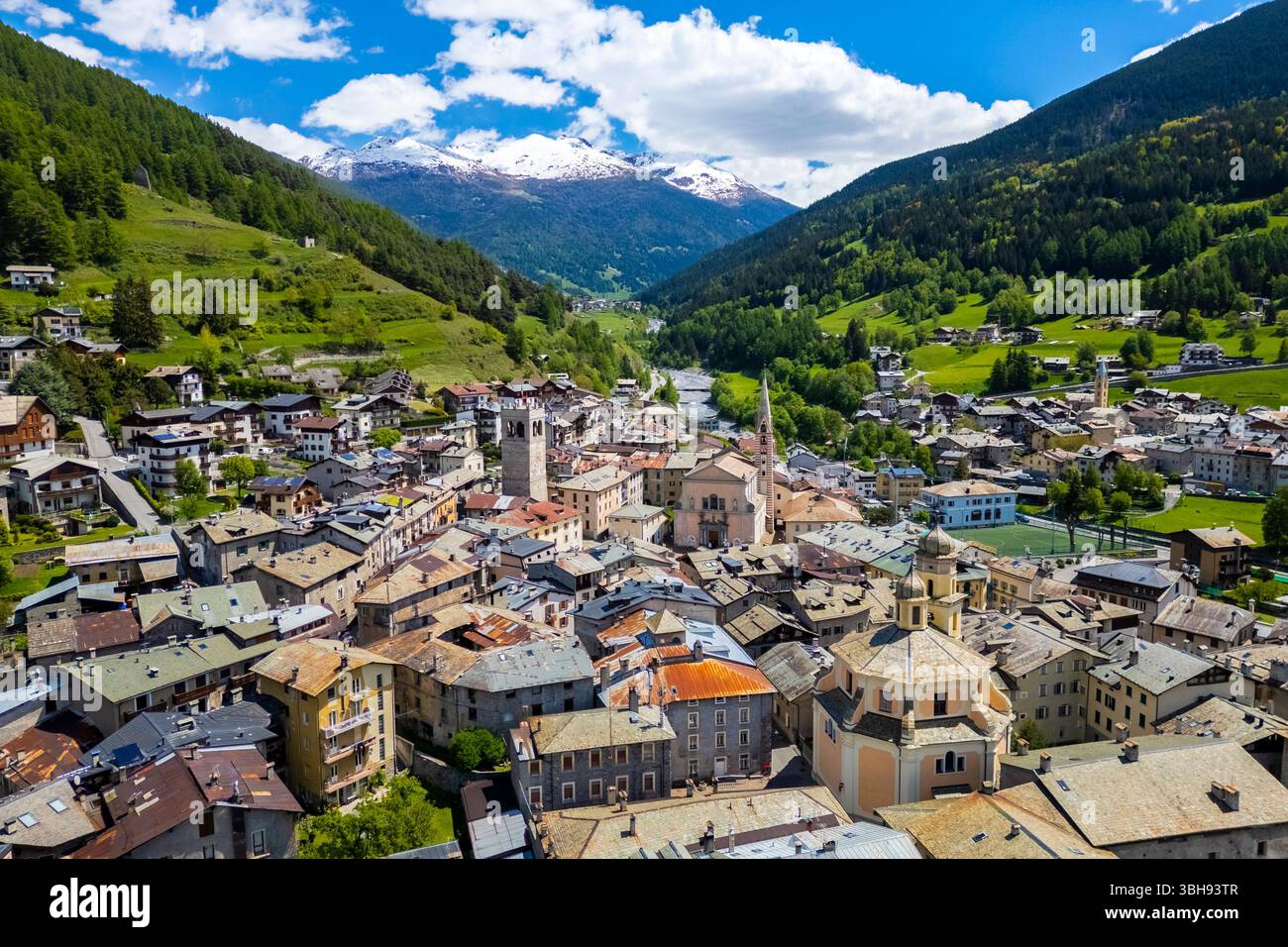 Aerial view of Bormio old city center. Bormio, Sondrio district ...