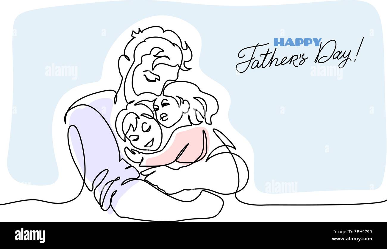 Happy Fathers Day holiday card. Dad hug his kids with big love Stock ...