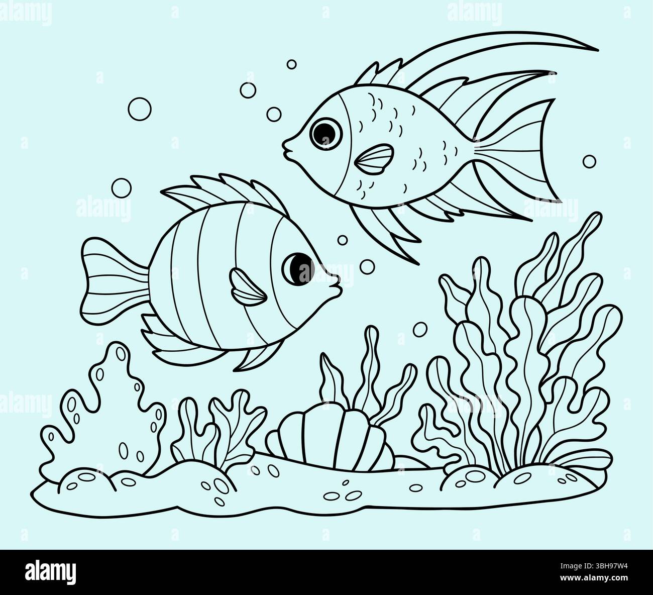 Outline Two Tropical Fish swim among seaweed and Coral Reef. Coloring ...