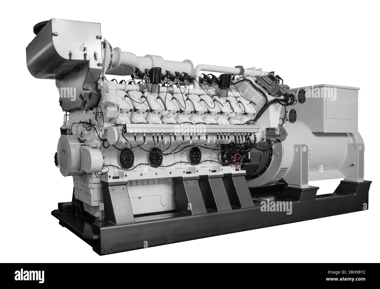 Massive diesel engine generator with many cylinders isolated on white ...