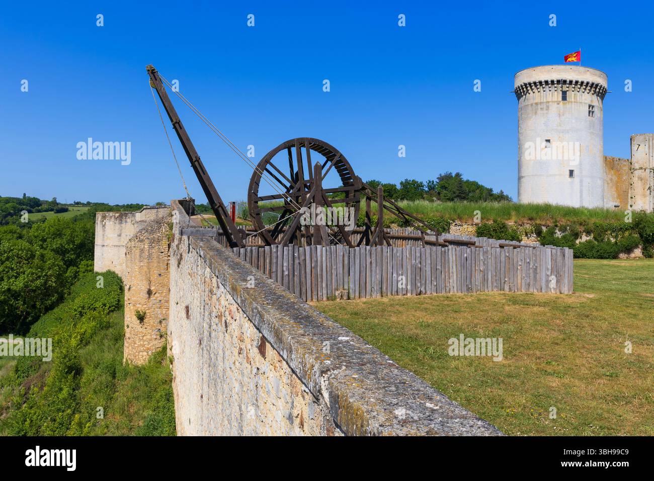 A medieval wooden treadwheel crane (magna rota) at the Chateau de ...