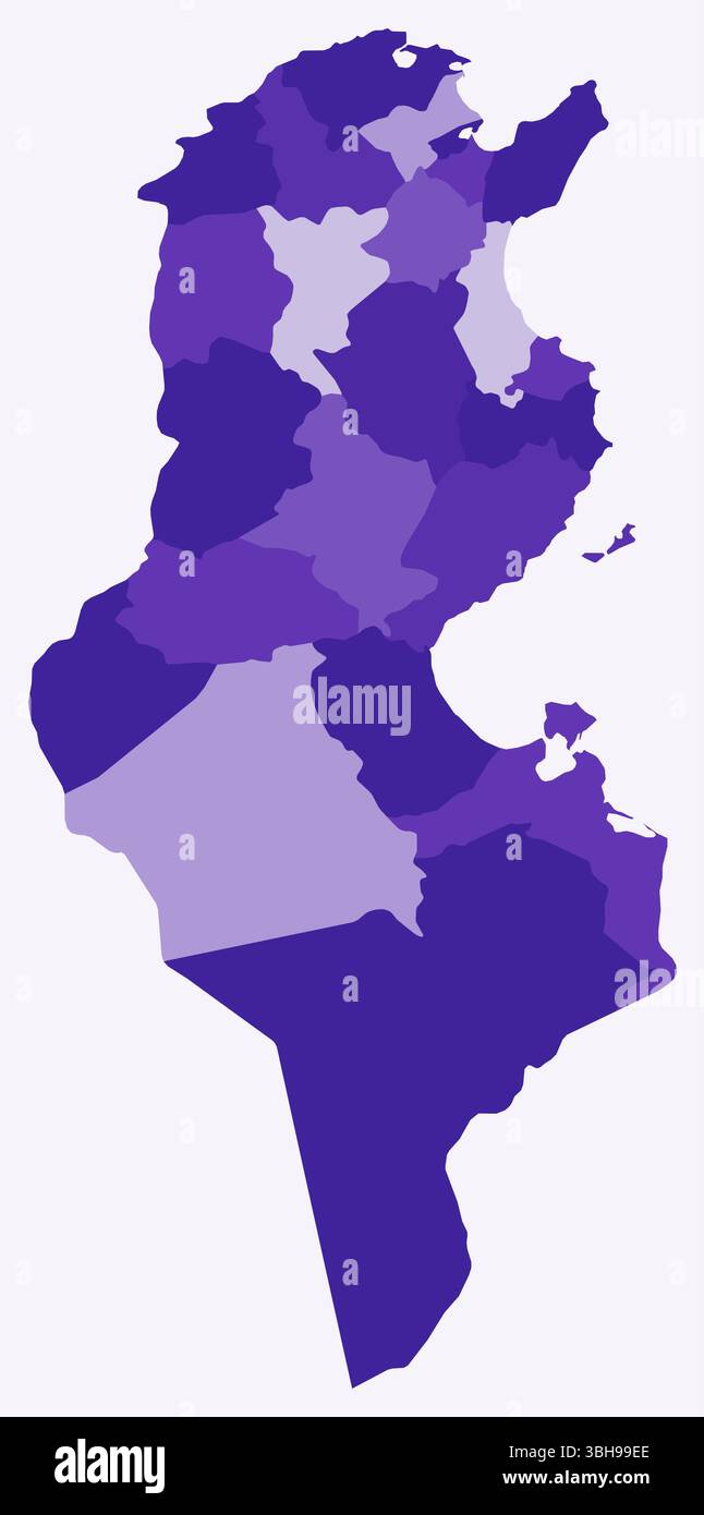 Map of Tunisia with regions. Just a simple country border map with region division. Deep purple ...
