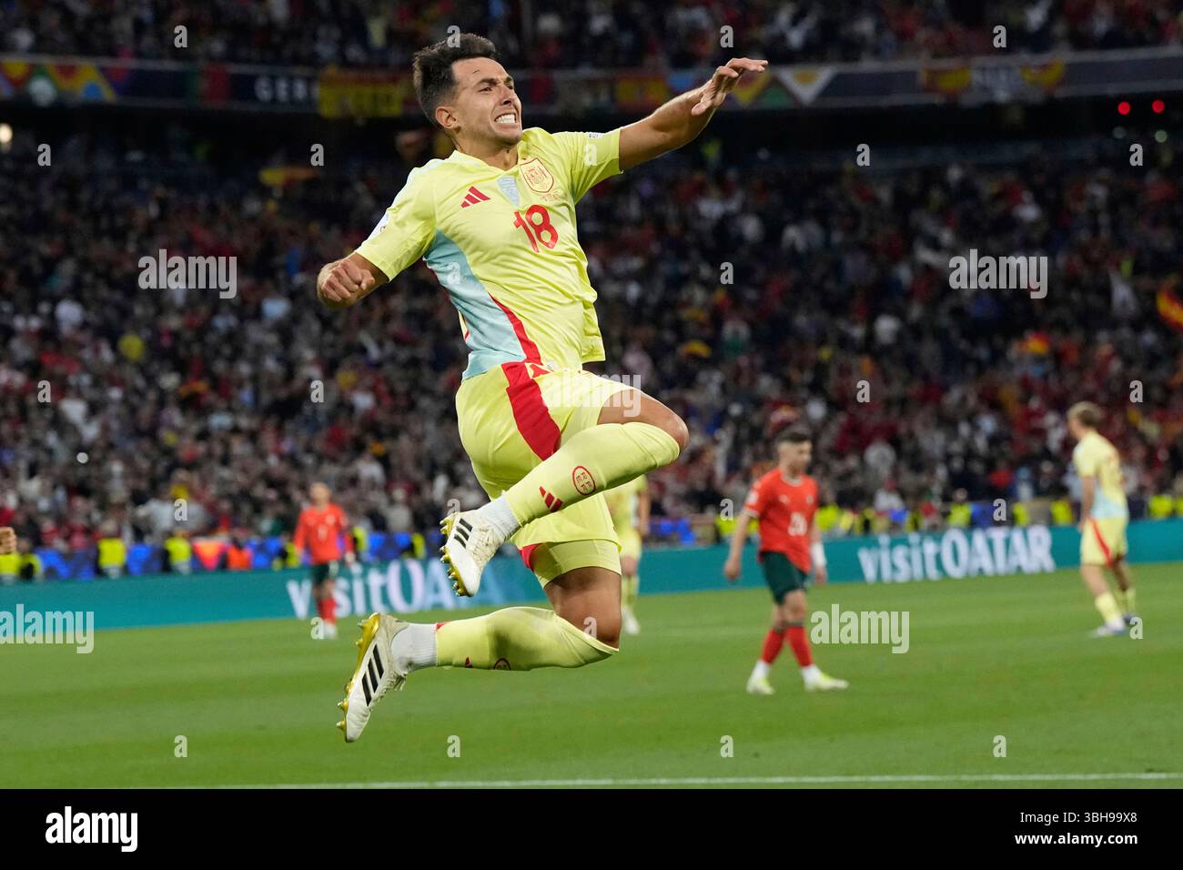 Spain's Martin Zubimendi celebrates scoring his side's opening goal ...
