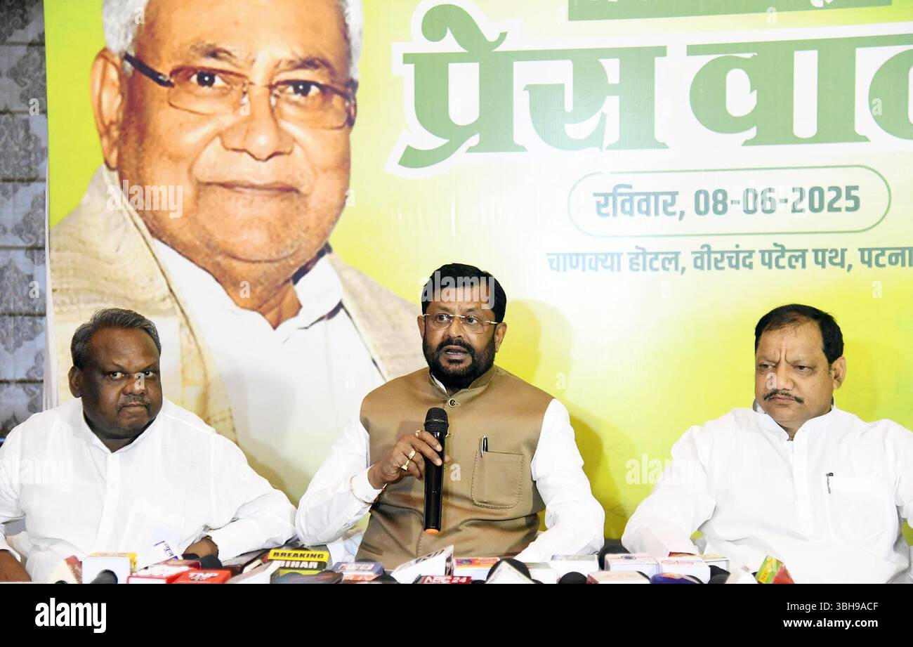 PATNA, INDIA - JUNE 8: JDU MLC Sanjay Singh addressing a press conference at Hotel Chanakya on ...