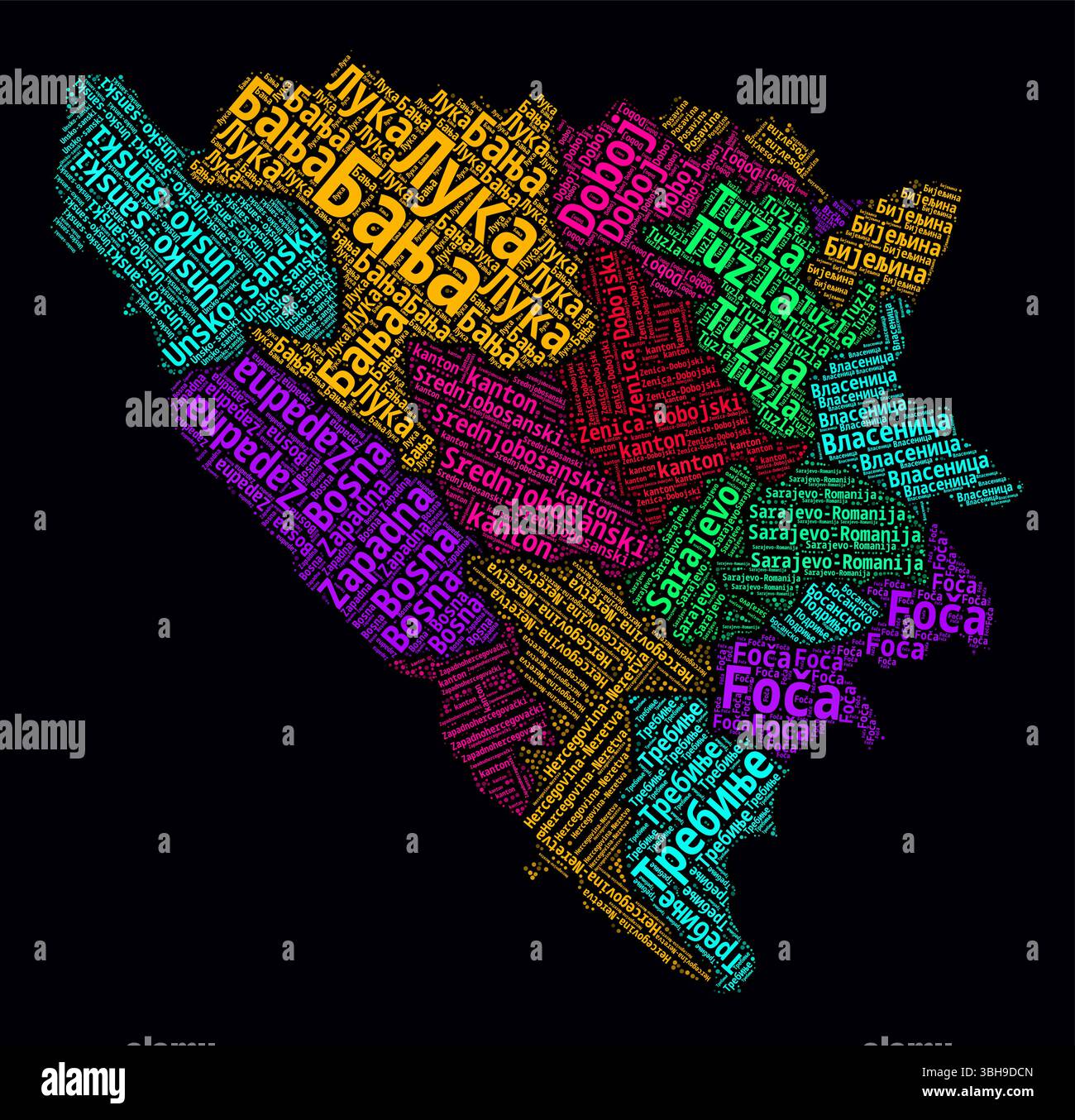 Bosnia and Herzegovina Regions Word Clouds. Bright neon style design on ...